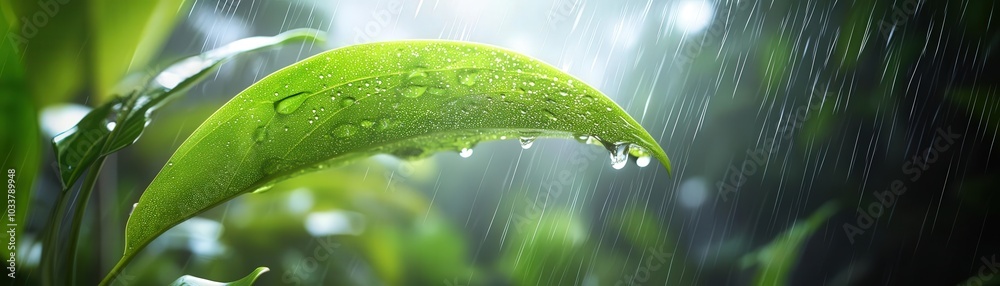 Rainforest ecosystem under a soft rainfall, highlighting the natural ...