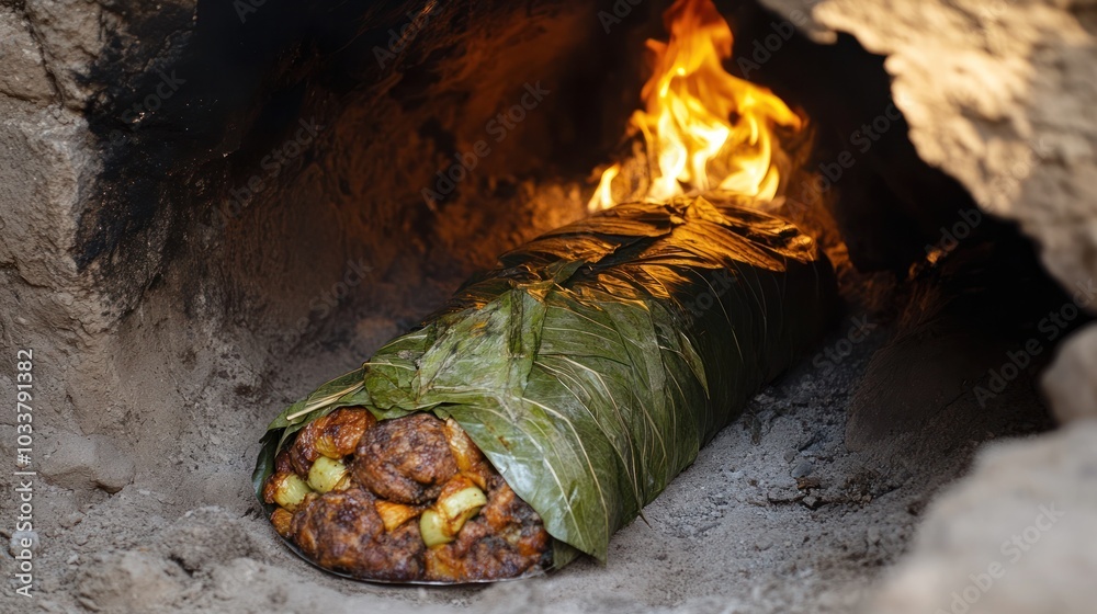 Underground oven cooking, with food wrapped in leaves and slowly ...