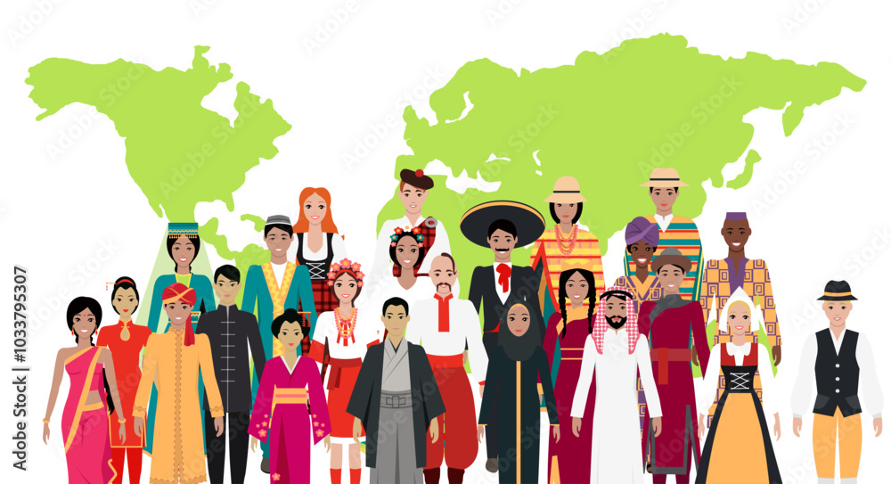 Group of people in traditional dress before a world map representing ...