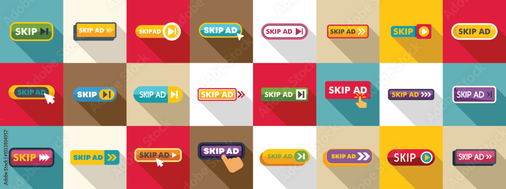 Skip Ad Icons Set Fingers And Mouse Cursors Clicking On Skip Ad Buttons In Flat Design Style