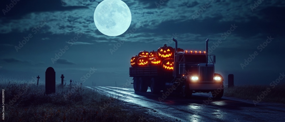 Cargo truck carrying shining carved Halloween pumpkins on the road next ...
