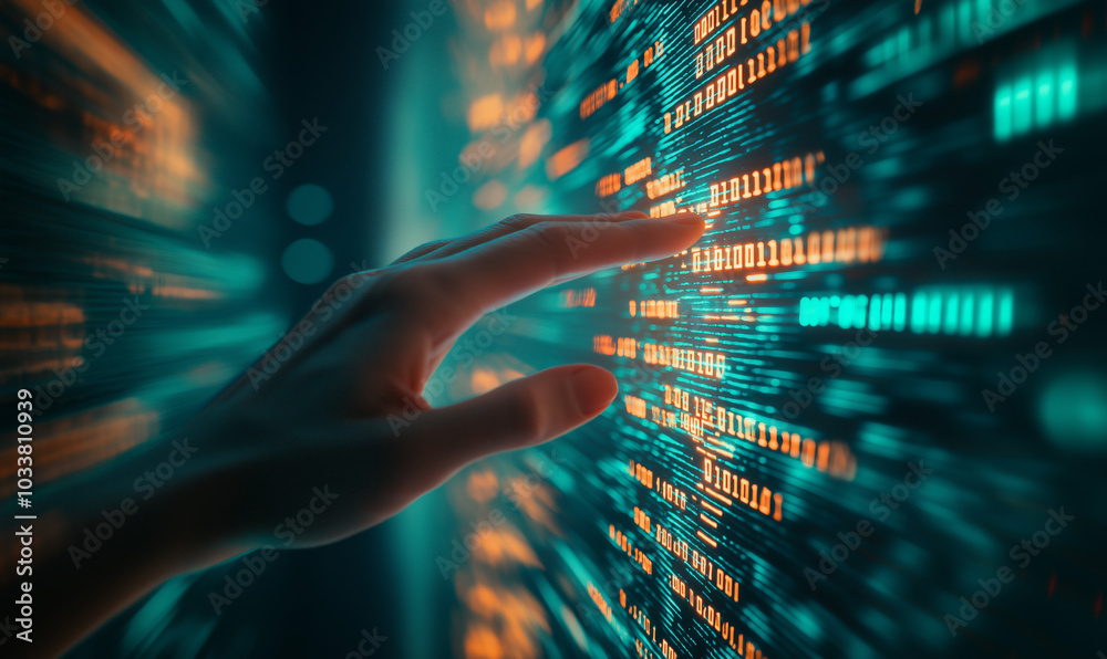 Hand interacting with flowing binary code on a digital interface, representing the human ...