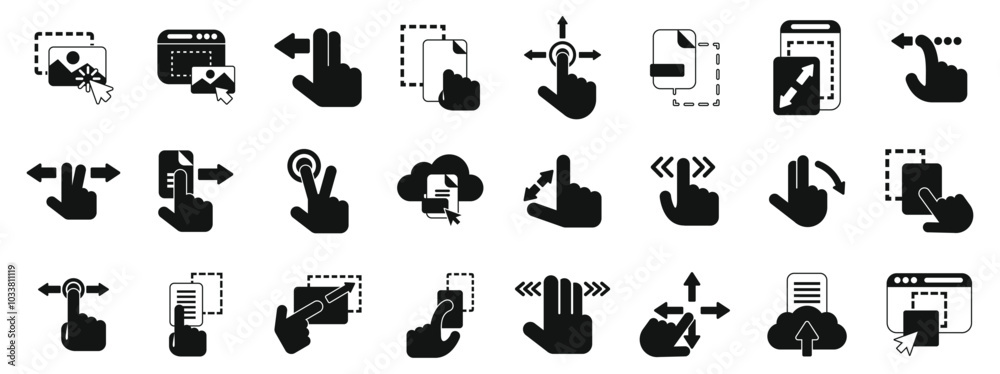 Drag drop icons set. Set of black and white icons representing hand gestures used to control ...