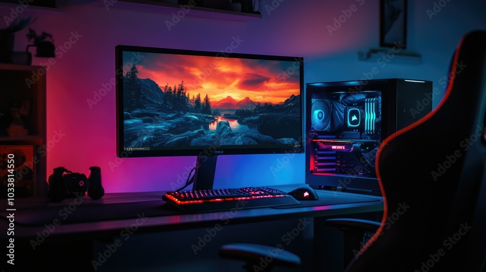 A dark room illuminated by RGB lights from a gaming PC, with a wide ...