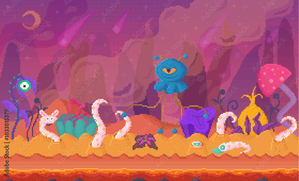 A whimsical, alien environment with colorful, strange plants and ...