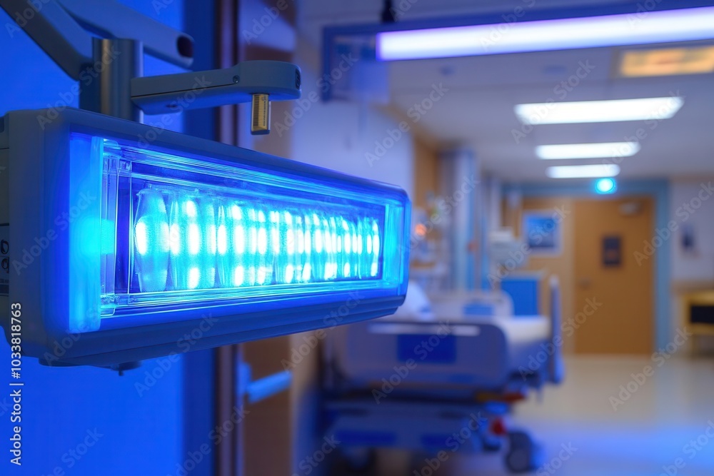 UV light sanitizing a hospital patient room, highlighting advanced ...