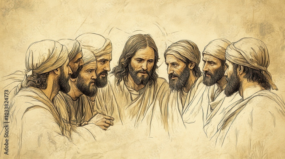 A scene depicting Jesus telling the parable of the Good Samaritan to a ...