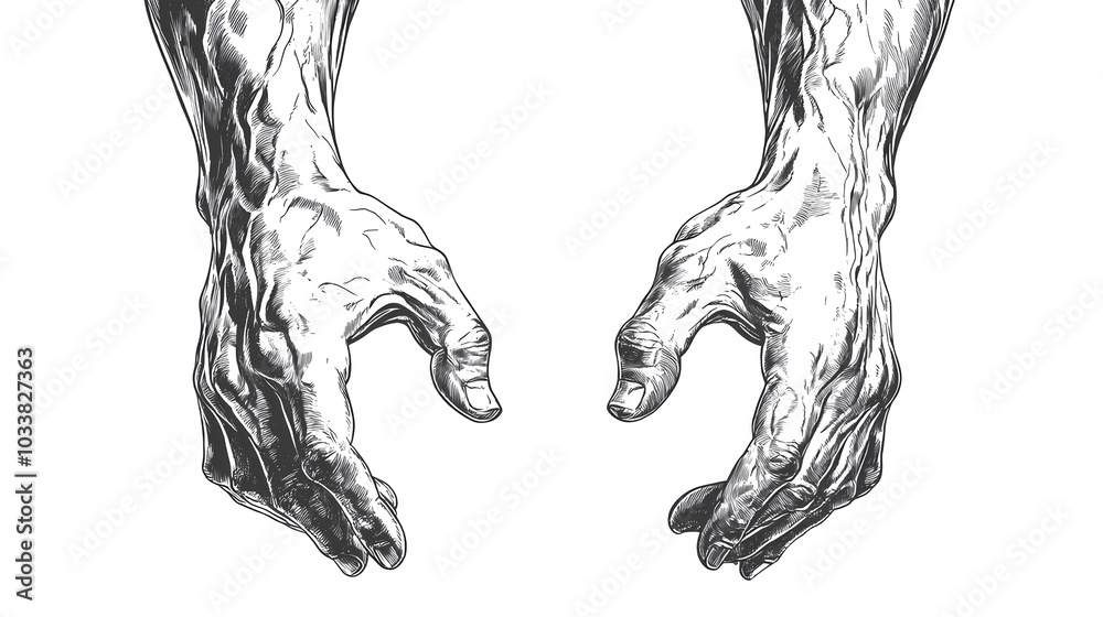 Muscular hands arms of strong man bodybuilder sketch engraving . T ...