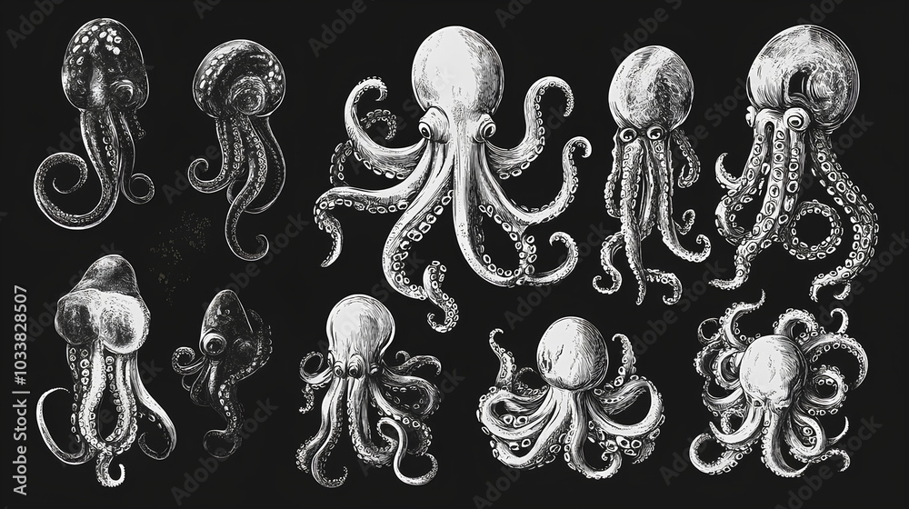 Octopus tentacle set sketch engraving illustration. T-shirt apparel ...