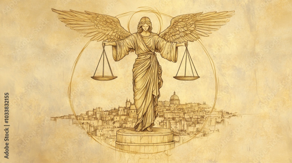 A divine vision of an angel holding a scale with justice on one side ...