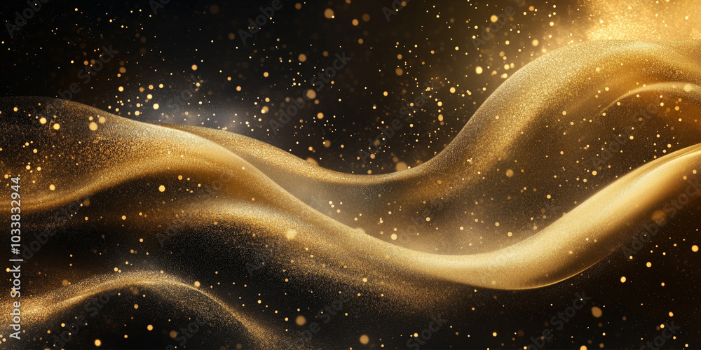 Golden flow with glitters, golden sand and dust on the dark background ...