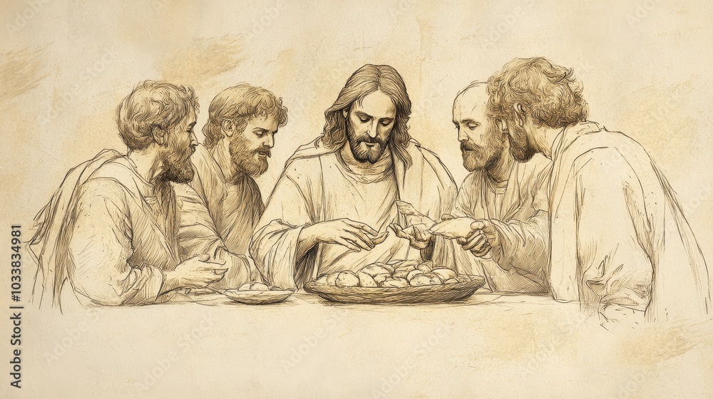 Jesus with a calm and serene expression takes the loaves and fish ...