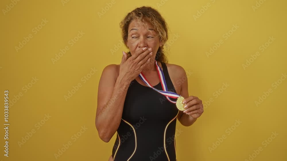 Woman covering mouth in shock and surprise with gold medal - middle age ...