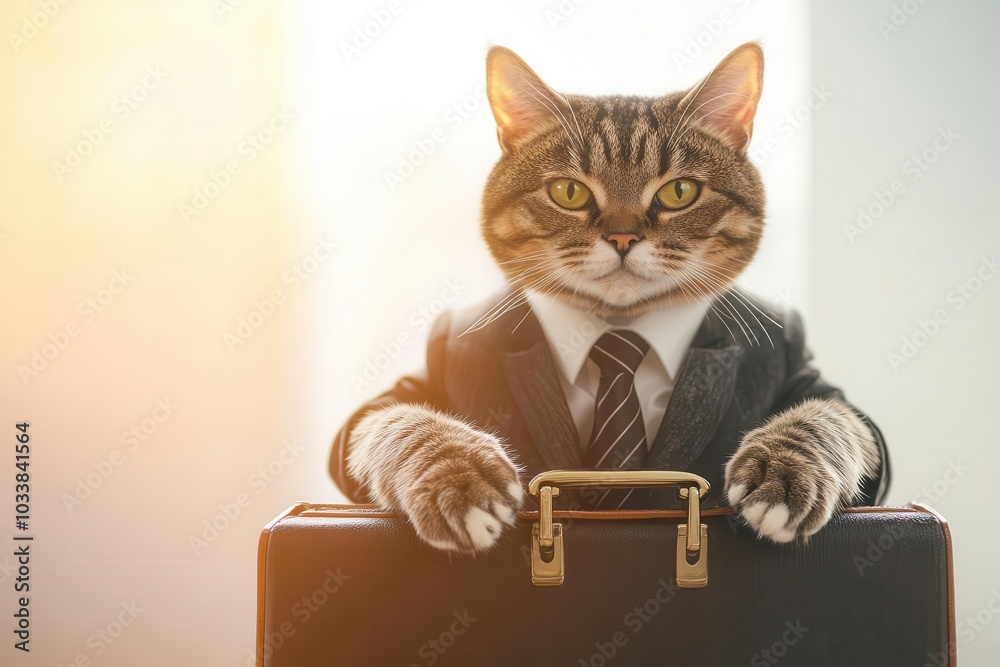 Dapper cat in business attire, standing confidently with paws resting ...