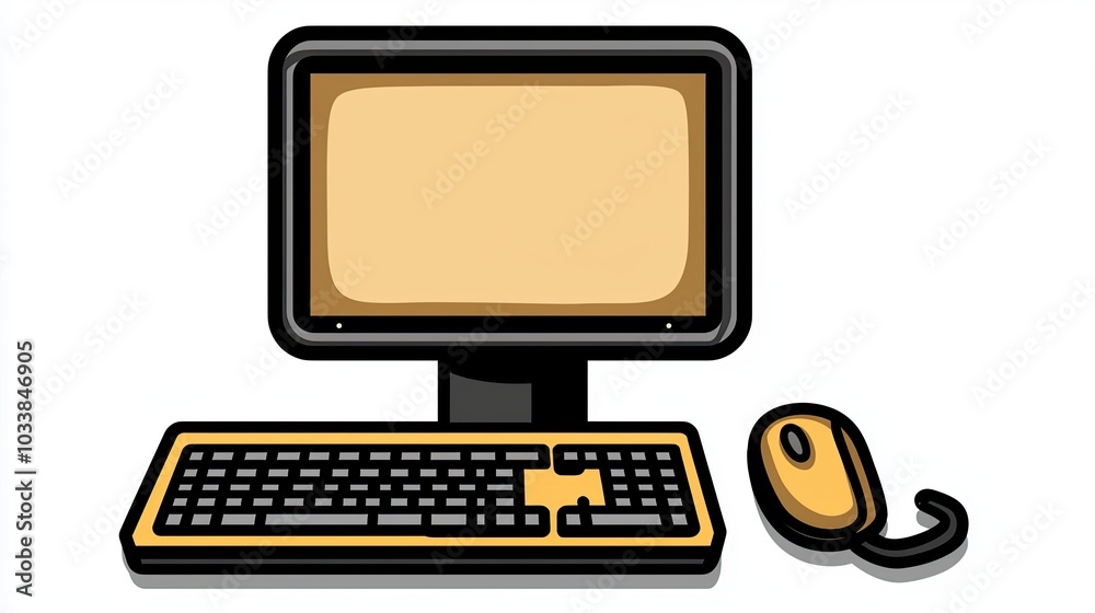 Cartoonstyle computer setup with monitor, keyboard, and mouse . Stock ...