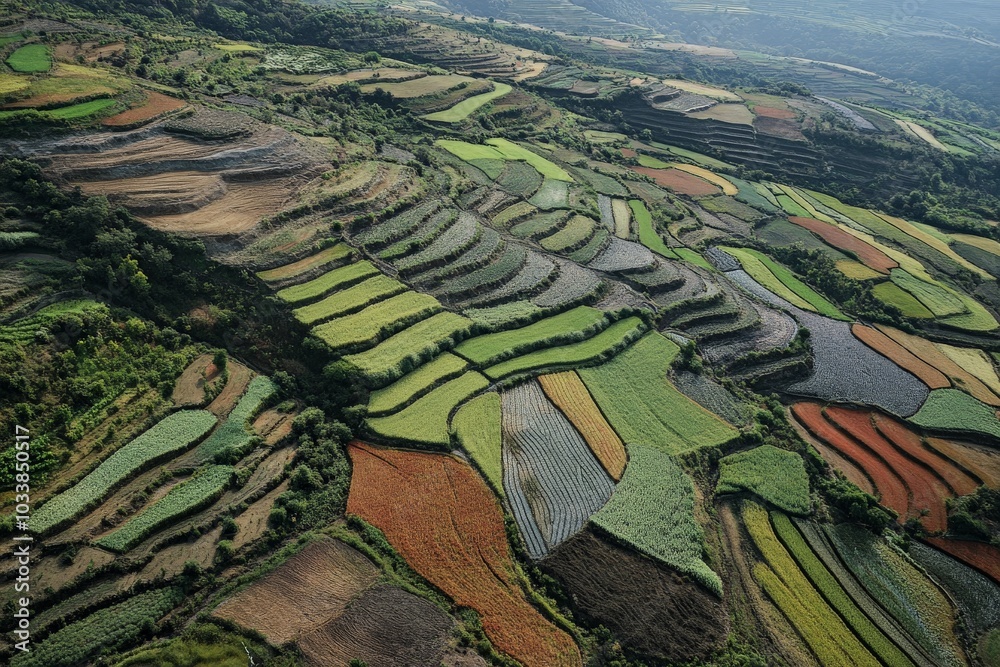 An aerial perspective of terraced farmlands nestled in hills showcases ...
