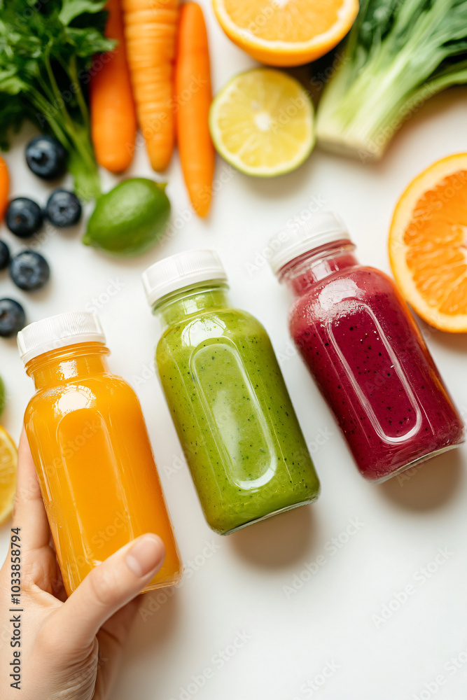Hand holding bottles of fresh smoothies and juices against ripe fruits ...
