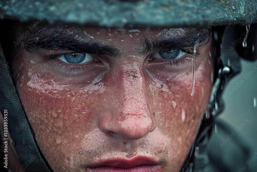 A close-up captures the piercing blue eyes and intense expression of a ...