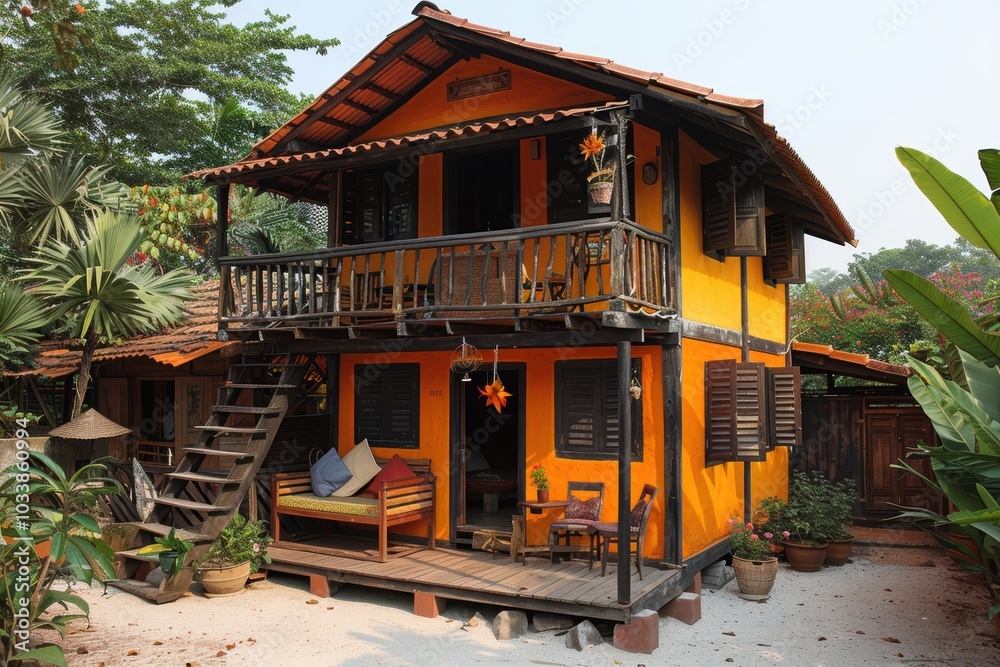 Charming and vibrant two-story tropical house with a colorful facade ...