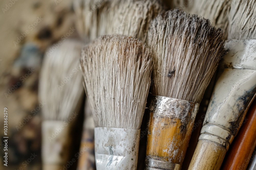A collection of well-worn brushes displaying varied textures ...