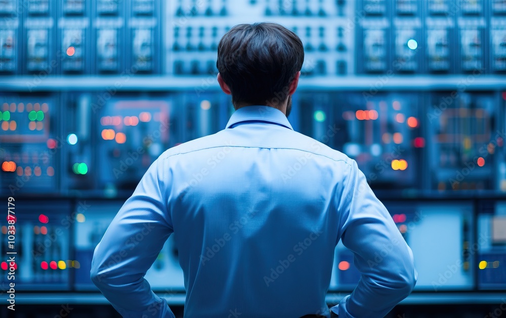 Poster A person standing in front of a control panel filled with ...