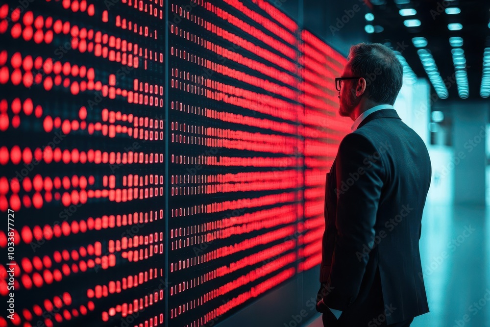 Dramatic side-view of stock market floor, with red lights glowing and a ...