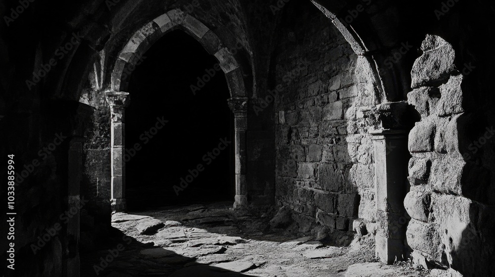 Gothic Stone Arch with Deep Shadows - Mystical and Ancient Architecture ...