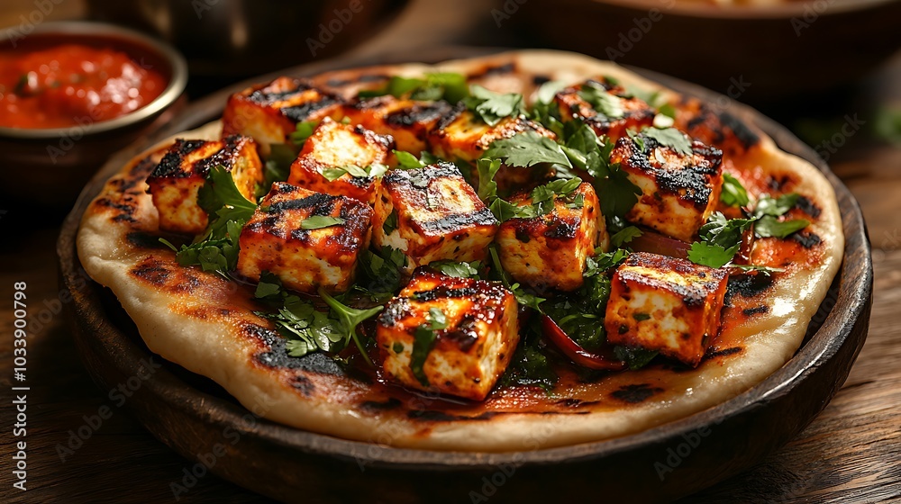 A serving of paneer tikka naan, with the naan’s soft, golden surface ...