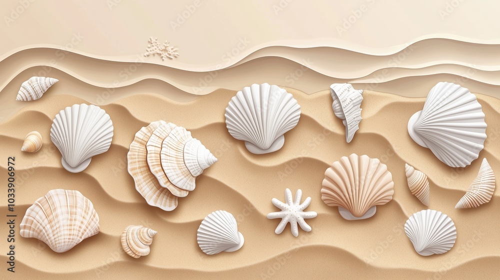 Seashells in the sand, drawn with basic shapes and placed on a flat ...