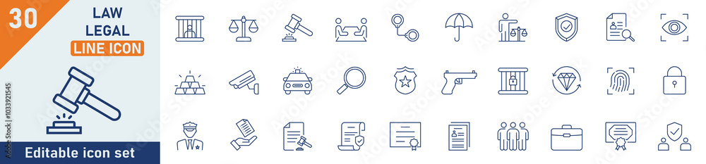 Law Legal line icon set. Set of 30 outline icons related to law legal ...