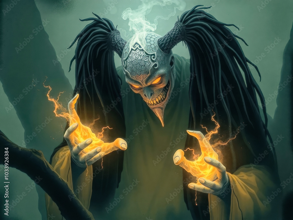 A demonic figure with long hair and a skull on its head is holding two ...