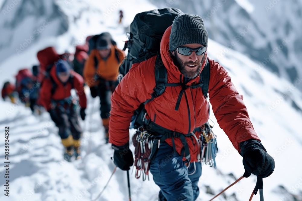 Sherpas leading climbers up a steep incline on Mount Everest, their ...