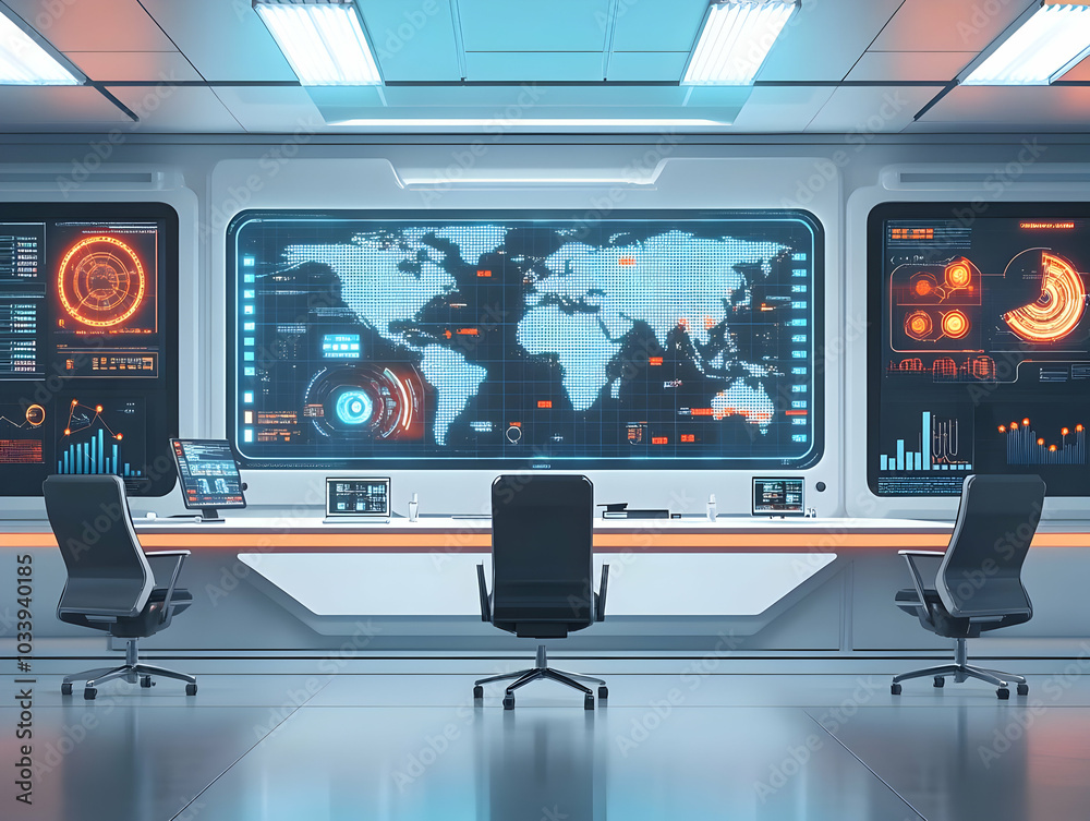 Flat Campaign War Room with Holographic Strategy Maps and Data Points ...