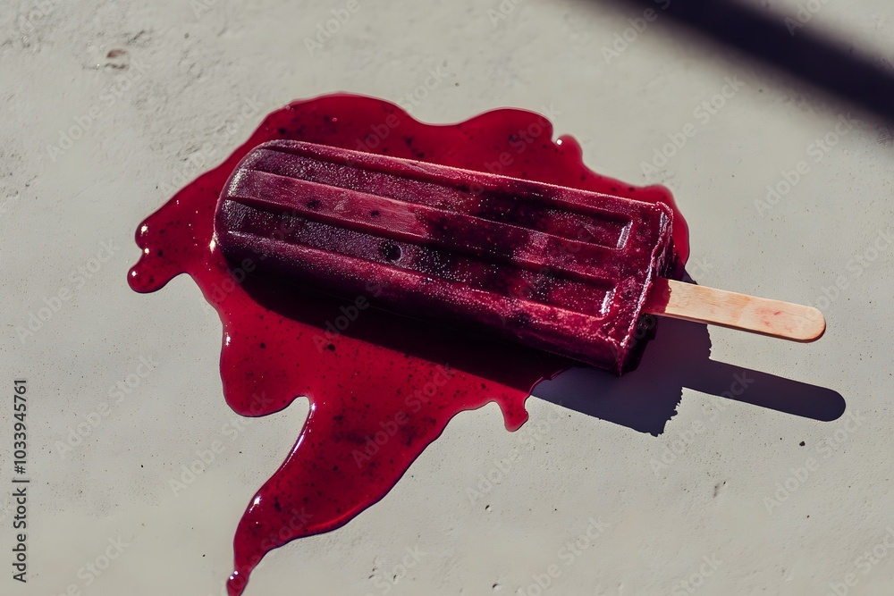 Blueberry popsicle on a light-colored surface with drips of blueberry ...