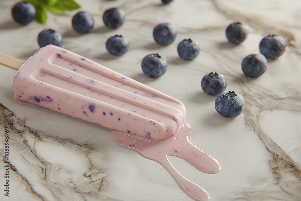 Blueberry popsicle on a light-colored surface with drips of blueberry ...