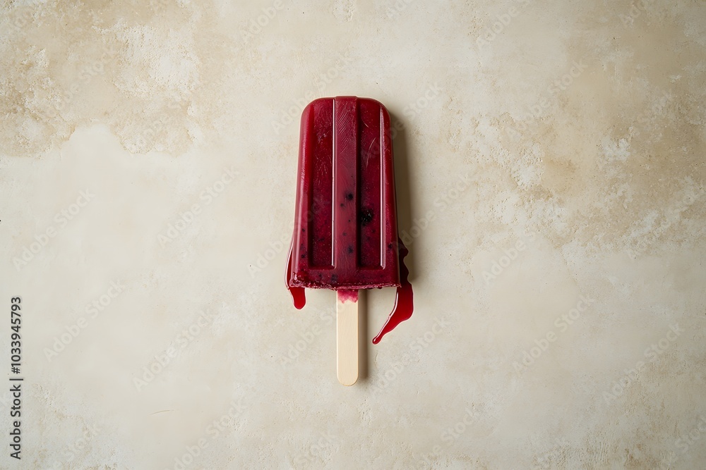 Blueberry popsicle on a light-colored surface with drips of blueberry ...