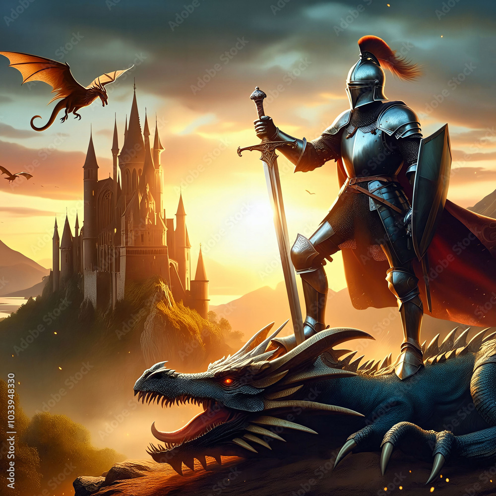 Victorious knight in shining armor, having just slain a fierce dragon ...