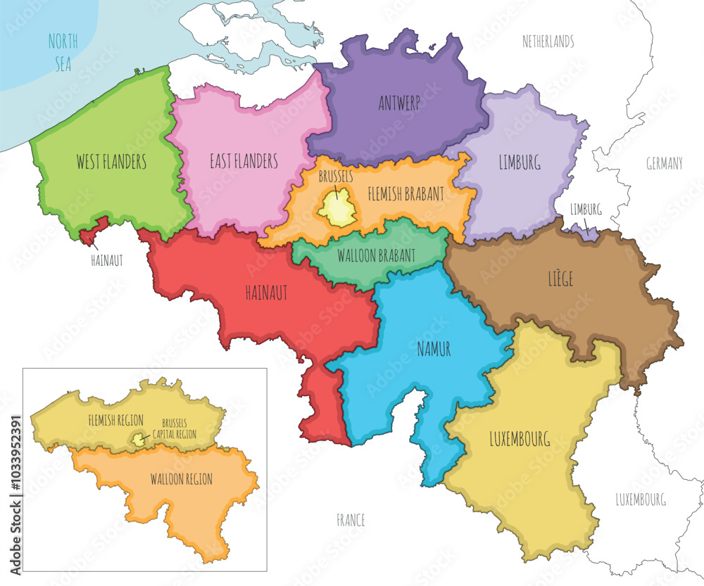 Vector illustrated map of Belgium with regions, provinces and ...