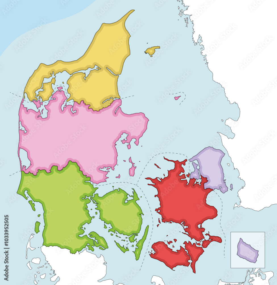 Vector illustrated blank map of Denmark with regions and administrative ...