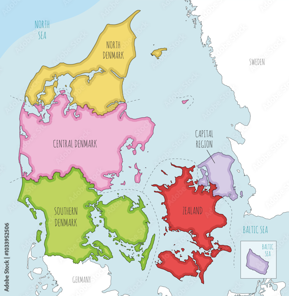 Vector illustrated map of Denmark with regions and administrative ...