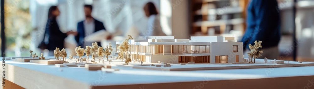 A building design model displayed on a large table, with architects ...