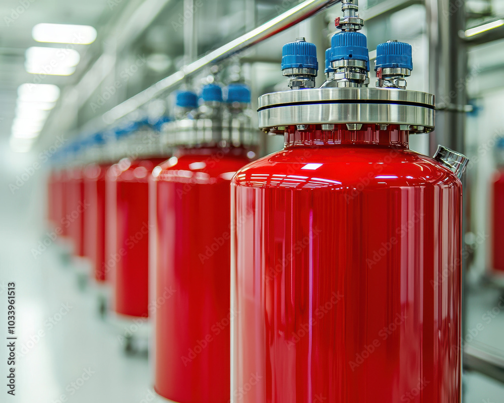 Industrial overview of red pressure tanks in a modern facility ...