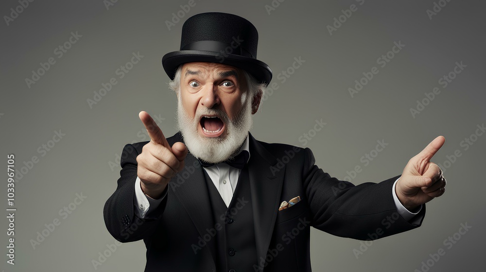Angry old self righteous man. Black top bowler hat. Businessman. Black ...