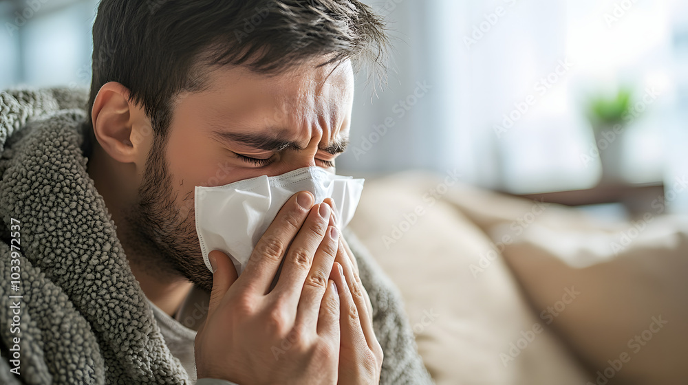 Portrait of a sick man sneeze and snort his nose out, man with ...