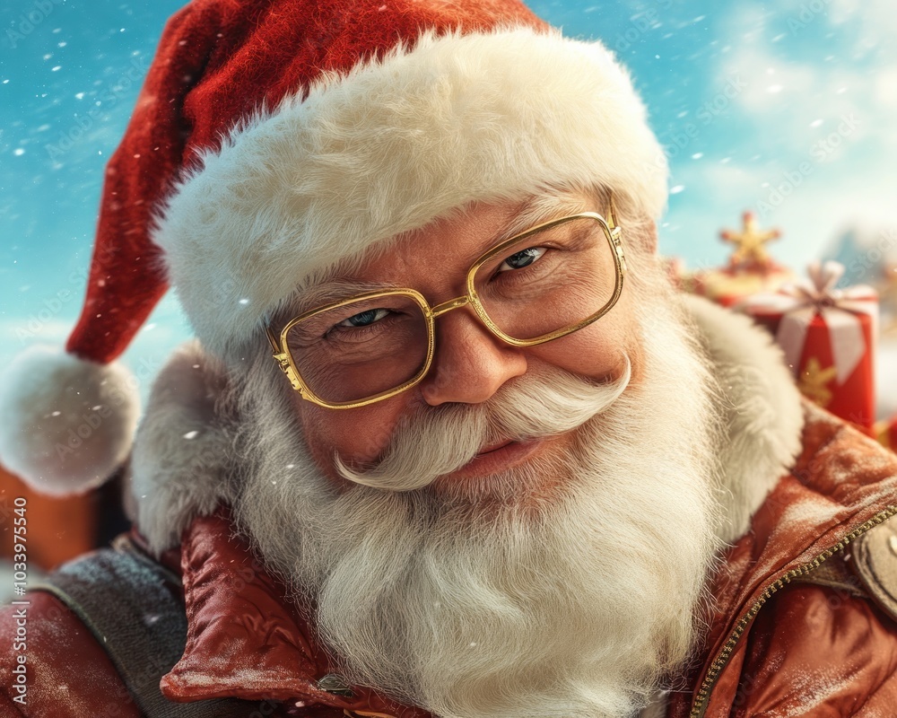 Santa Claus, the jolly man in a red suit with a white beard, stands at ...