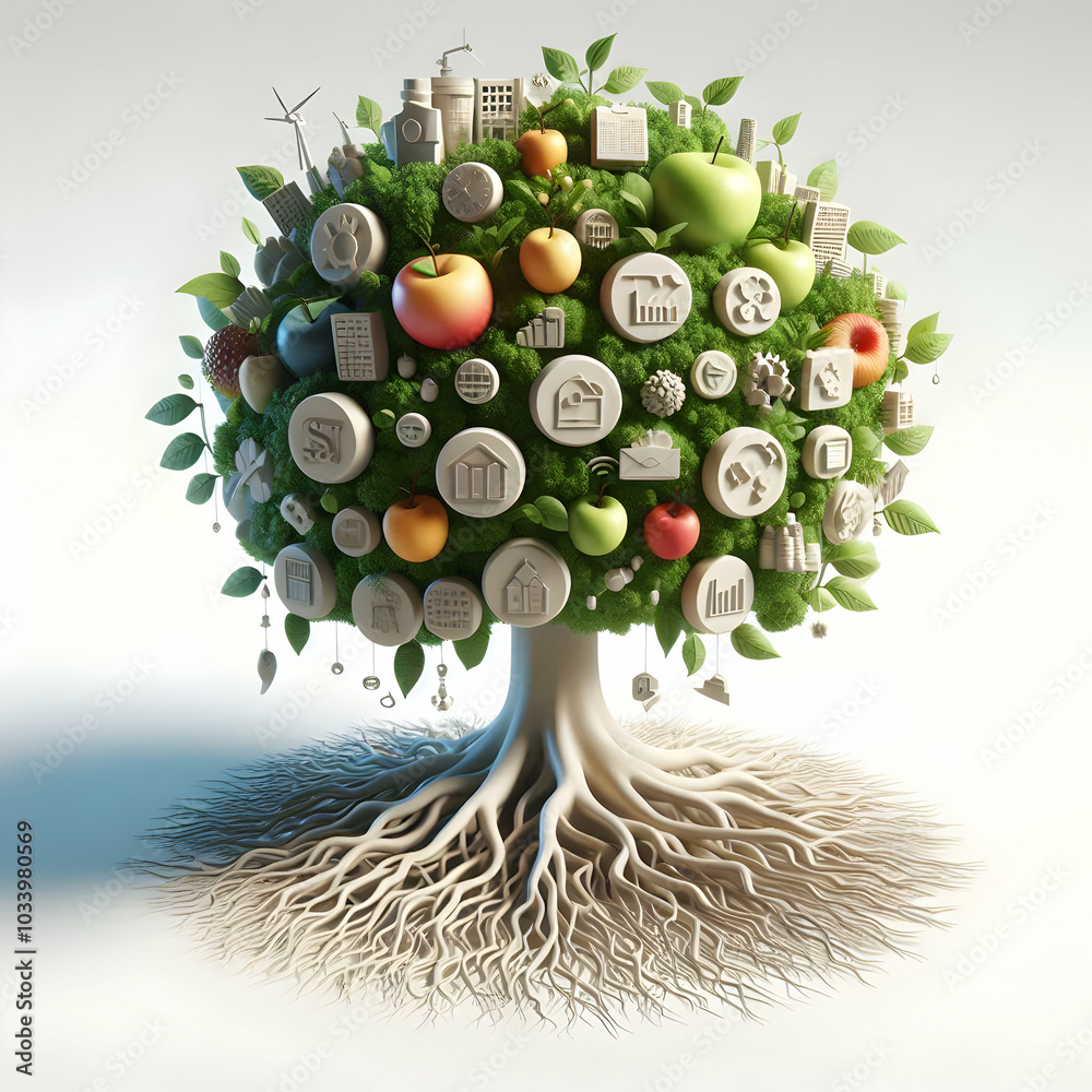 3D Floating Sustainability Tree Icon: Wide Shot of Leaves Symbolizing ...