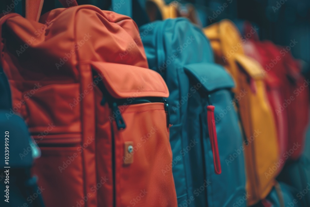 Backpacks with vibrant colors and patterns hung on a wall, perfect for ...