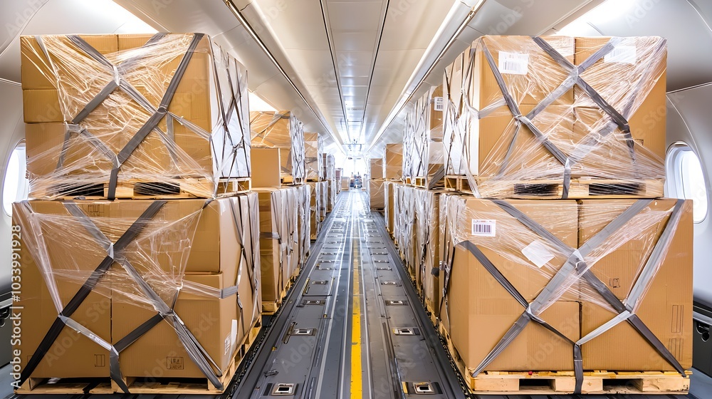Cargo aircraft interior with freight lined along both sides, secured ...