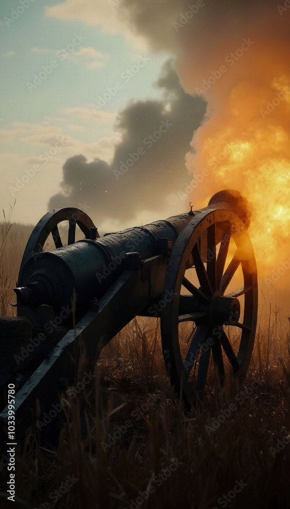 Civil War-era cannon firing with dramatic smoke and flame, capturing a ...