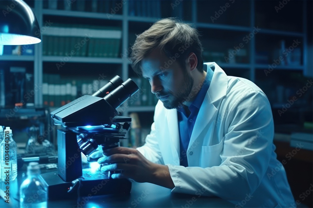 Medical scientist looking into a microscope adult human concentration ...